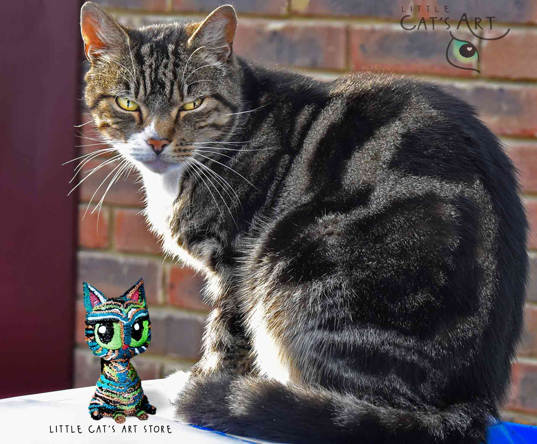 Green tabby cat figurine - Little Cat's Art